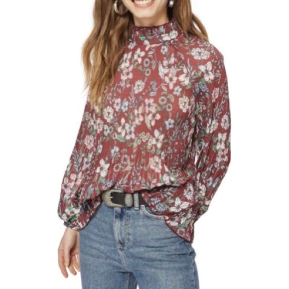 Topshop | Tops | Topshop Floral Pleated High Neck Blouse | Poshmark